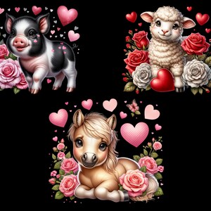 Watercolor Cute Valentines Farm Animals Clipart, 15 PNG Valentines Day ...