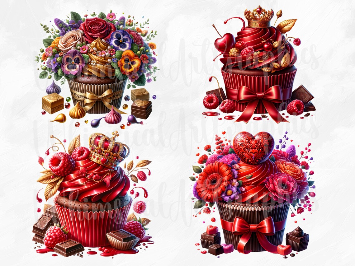 Red Valentines Day Cupcake Collection Clipart, 16 PNG Valentine Clipart ...