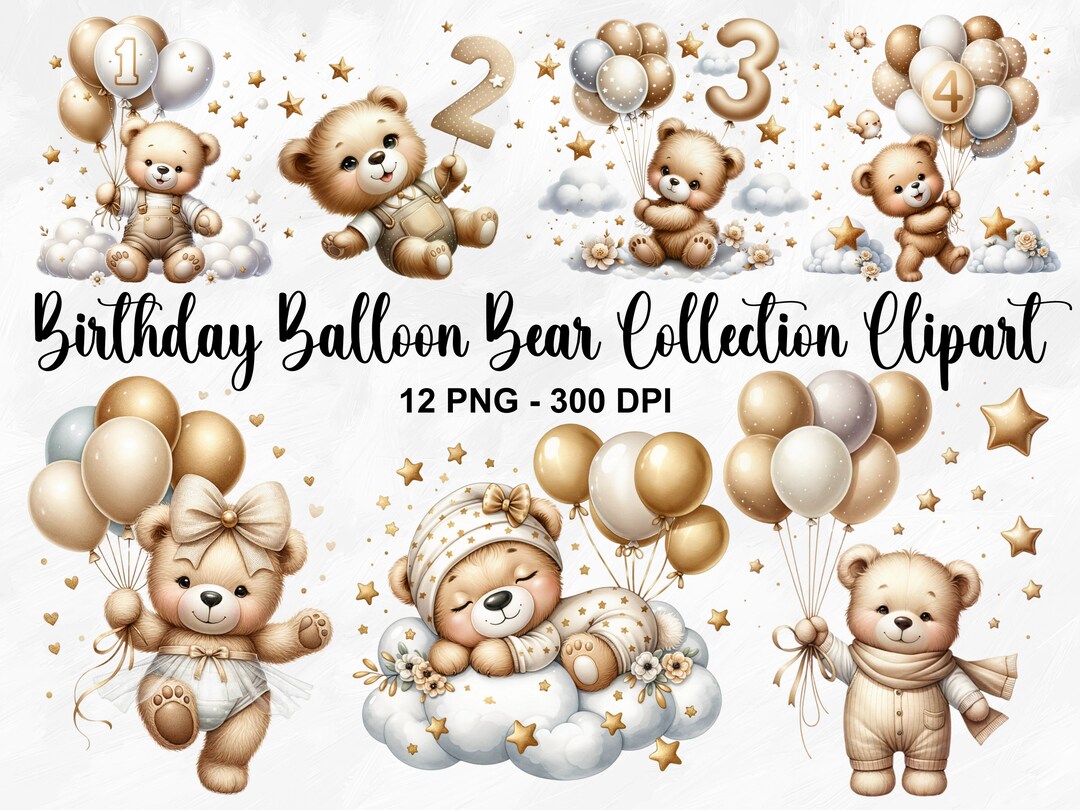 Watercolor Birthday Balloon Bear Clipart, 12 PNG Baby Bear Clipart ...