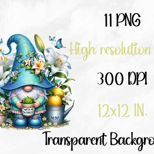 Watercolor Spring Garden Gnomes Clipart, 11 PNG Garden Gnome Clipart ...