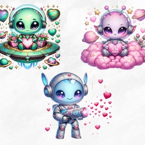 Watercolor Cute Valentines Aliens Clipart, 11 PNG Valentines Day ...