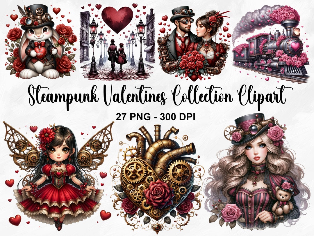 Watercolor Steampunk Valentines Collection Clipart, 27 PNG Valentines ...