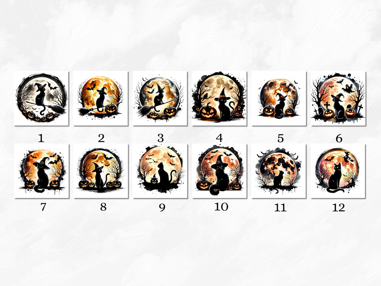 Watercolor Halloween Cats Collection Clipart, 12 PNG Halloween Clipart ...