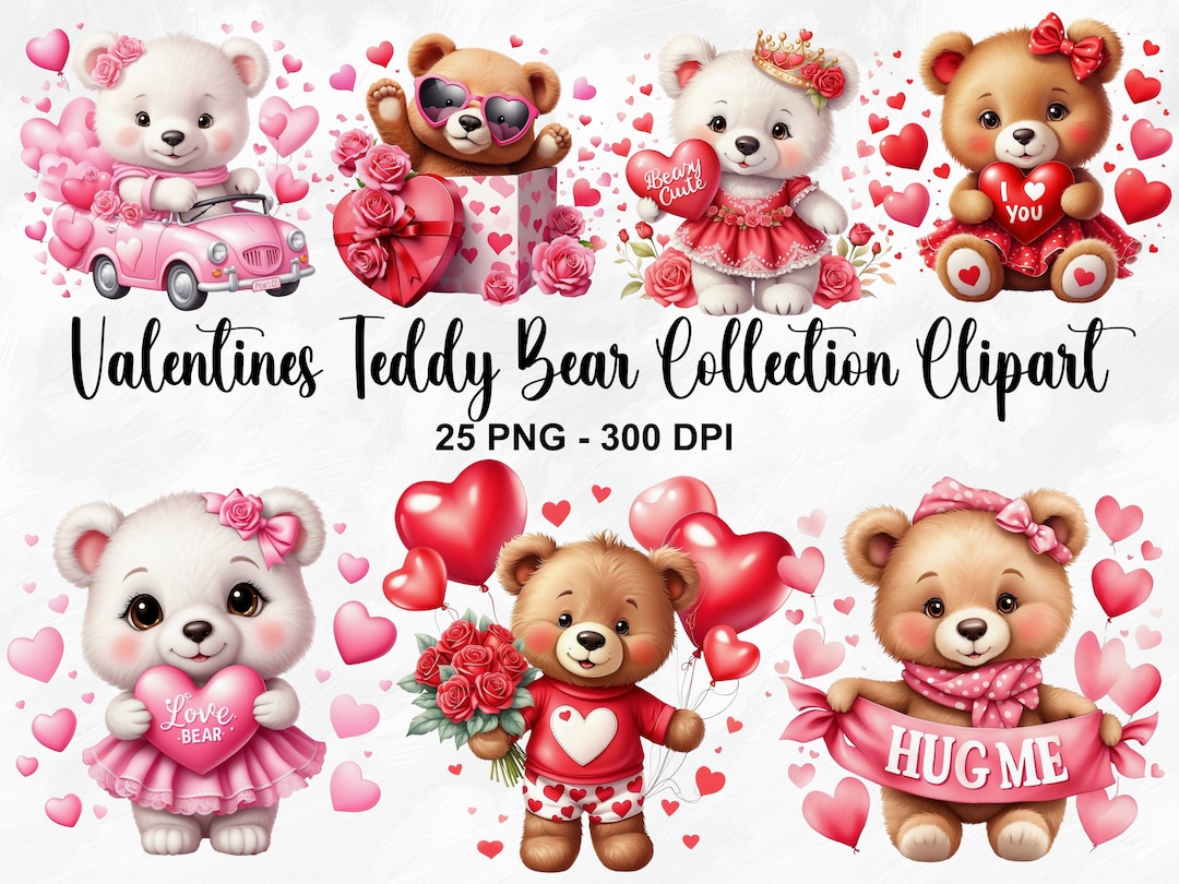 Watercolor Valentines Teddy Bear Clipart, 25 PNG Valentines Day Clipart ...