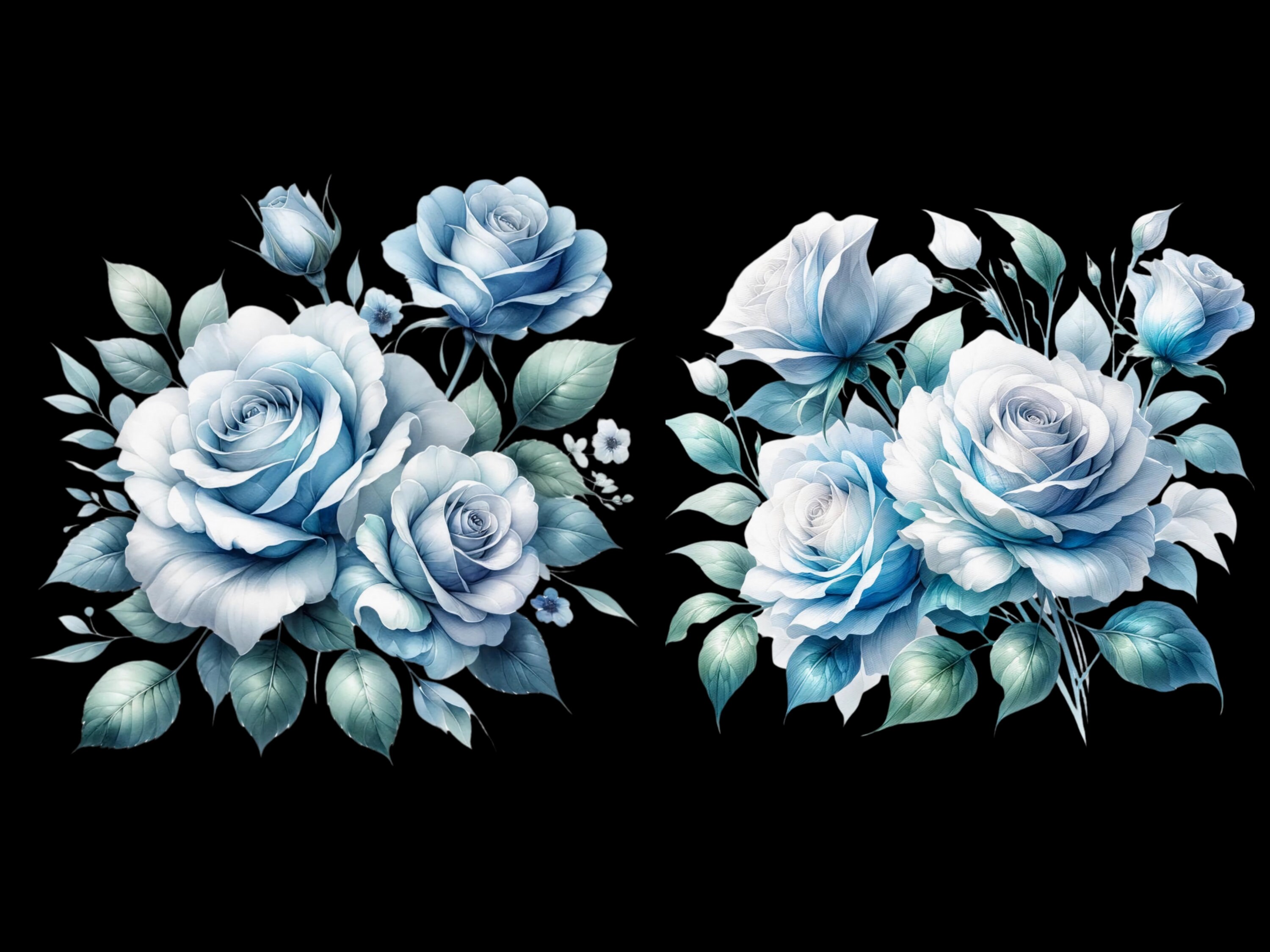 Watercolor Blue Rose Collection Clipart, 11 PNG Rose Bouquet Clipart ...