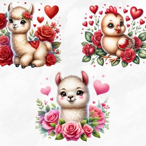Watercolor Cute Valentines Farm Animals Clipart, 15 PNG Valentines Day ...