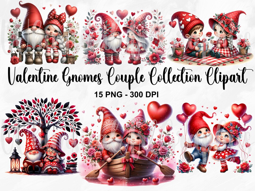 Watercolor Valentine Gnomes Couple Clipart, 15 PNG Festive Gnome ...