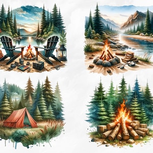 Watercolor Camping Collection Clipart, 24 PNG Mountain Landscape ...