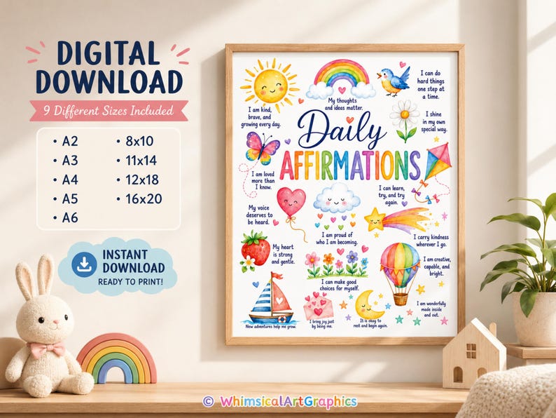 Daily Affirmations Kids Wall Art, Positive Affirmation Poster, Therapy ...