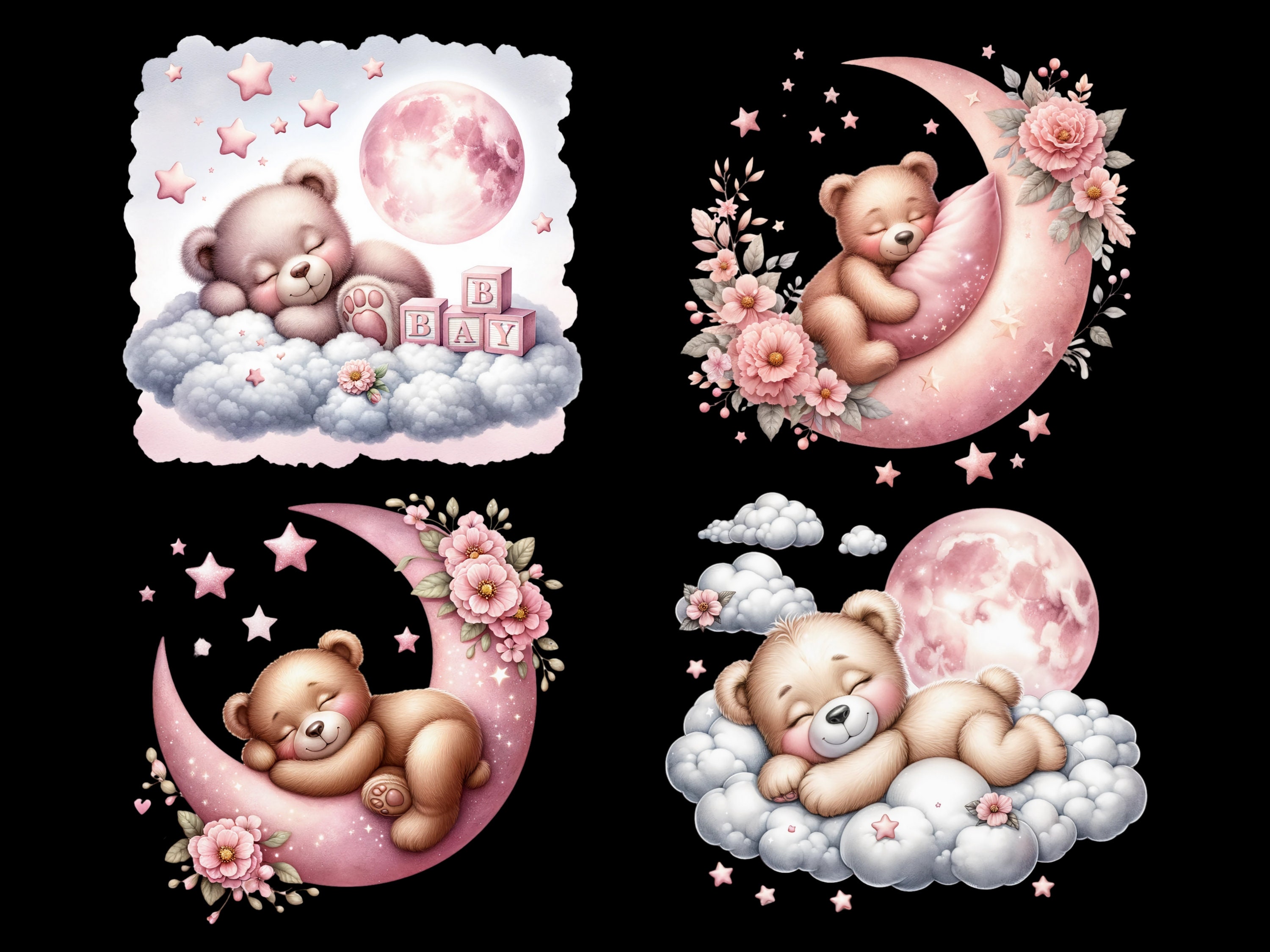 Watercolor Pink Sleepy Teddy Bear Clipart, 23 PNG Cute Baby Bear ...