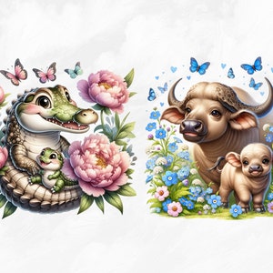 Watercolor Cute Mother and Baby Safari Animals Clipart, 18 PNG Baby ...