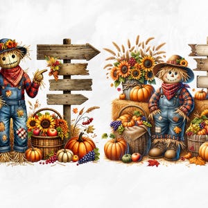 Watercolor Fall Scarecrows Collection Clipart, 11 PNG Autumn Clipart ...