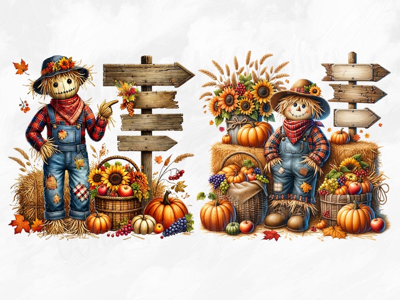 Watercolor Fall Scarecrows Collection Clipart, 11 PNG Autumn Clipart ...