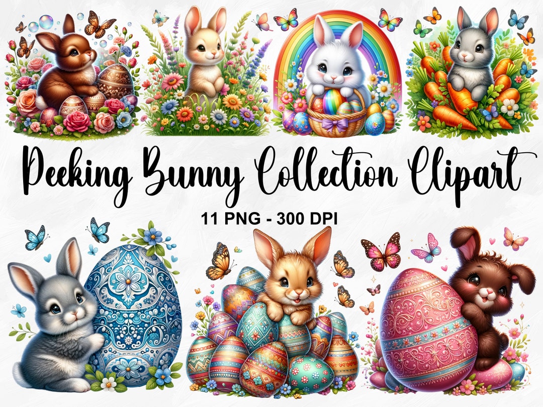 Watercolor Peeking Bunny Collection Clipart, 11 PNG Easter Clipart ...