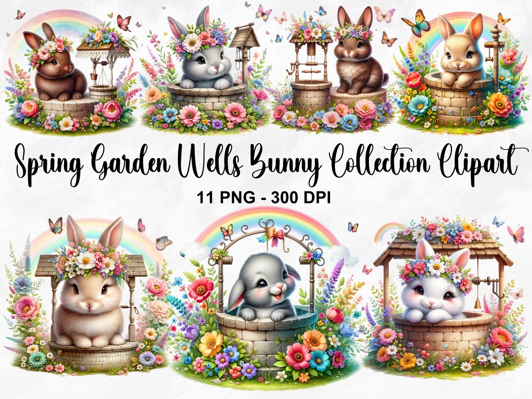Watercolor Spring Garden Wells Bunny Clipart, 11 PNG Nursery Bunny ...