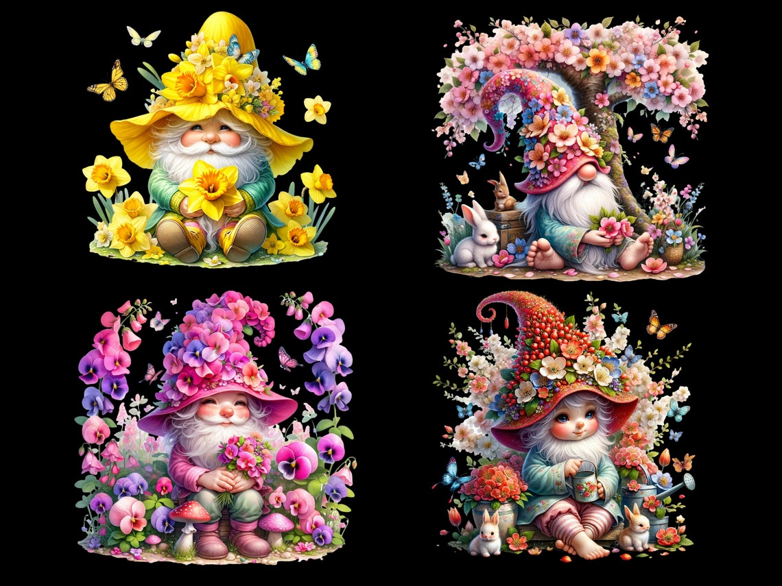 Watercolor Birth Month Flower Gnomes Clipart, 36 PNG Garden Gnome ...