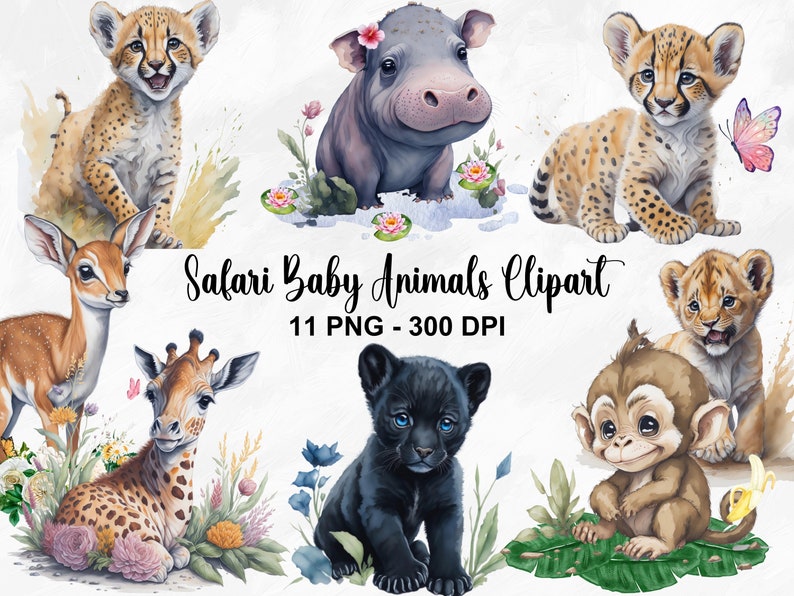 11 Watercolor Safari Baby Animals Clipart, Paper Crafts, Safari Clipart ...