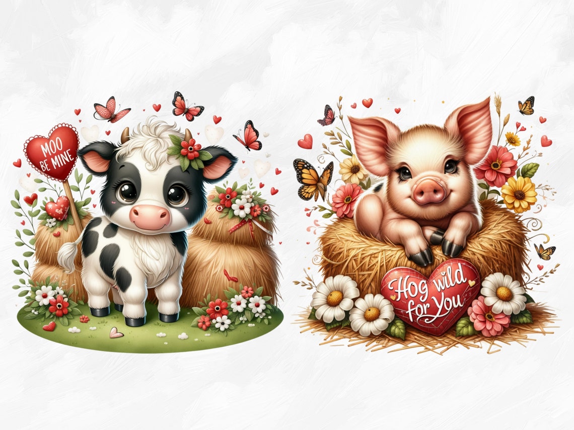 Watercolor Valentines Farm Animals Collection Clipart, 11 PNG ...