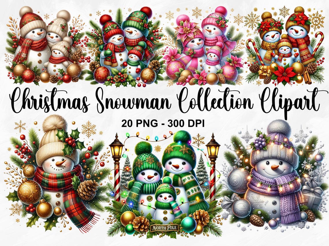 Watercolor Christmas Snowman Collection Clipart, 20 PNG Christmas ...