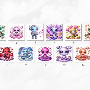 Watercolor Cute Valentines Aliens Clipart, 11 PNG Valentines Day ...