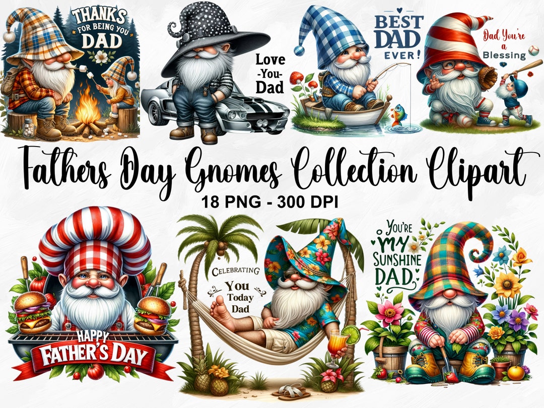 Watercolor Fathers Day Gnomes Collection Clipart, 18 PNG Garden Gnome ...