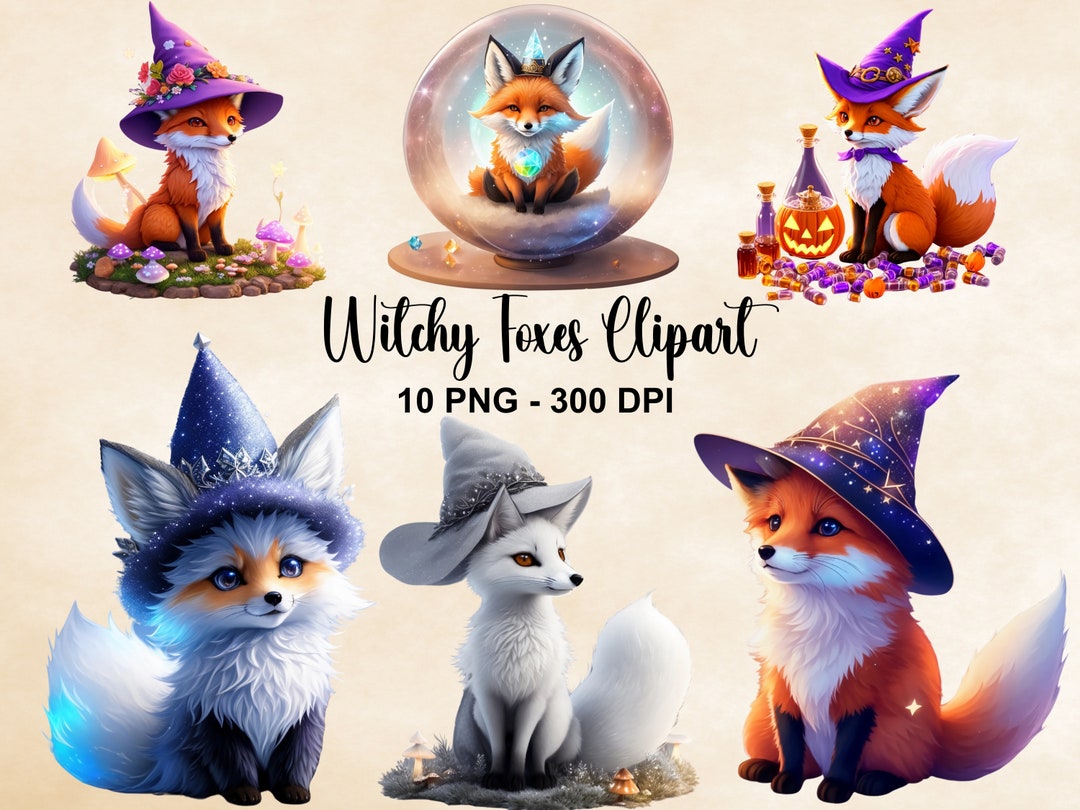 Witchy Foxes Clipart, 10 PNG Fox Witch Clipart, Fox Wearing Witches Hat ...