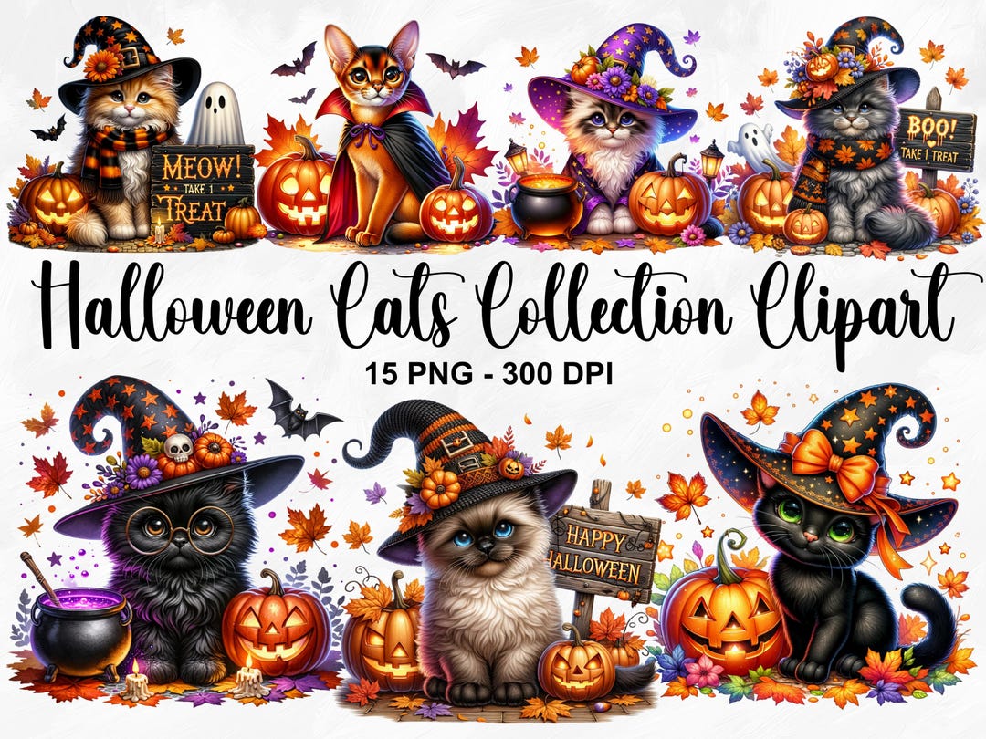 Watercolor Halloween Cats Collection Clipart, 15 PNG Halloween Clipart ...