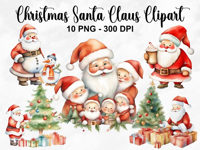 Watercolor Santa Claus Clipart 10 PNG Christmas Santa Claus - Etsy