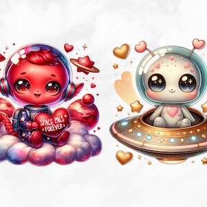 Watercolor Cute Valentines Aliens Clipart, 11 PNG Valentines Day ...