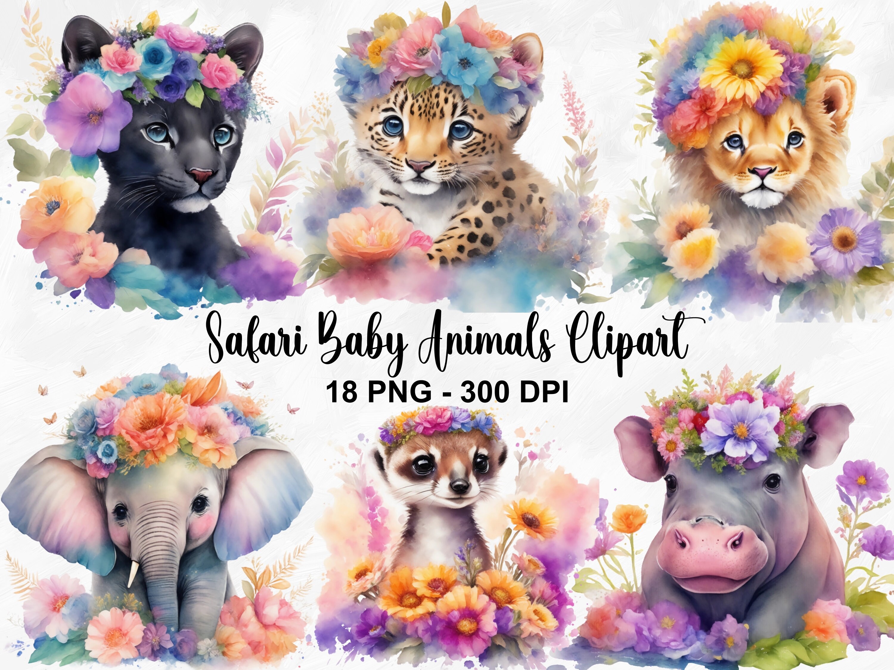 18 Watercolor Floral Safari Baby Animals Clipart Paper - Etsy