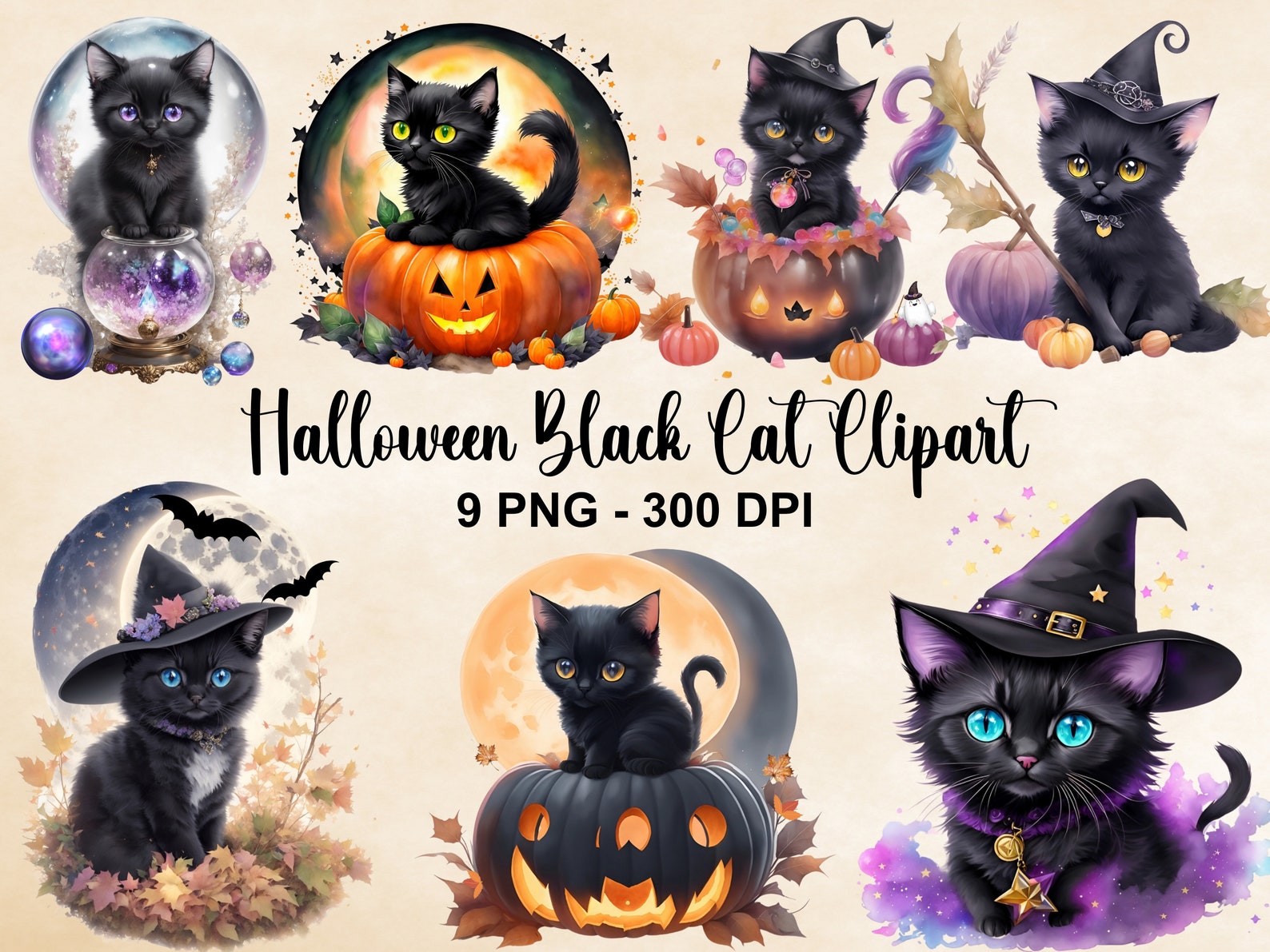 Watercolor Halloween Black Cat Clipart 9 PNG Watercolor - Etsy
