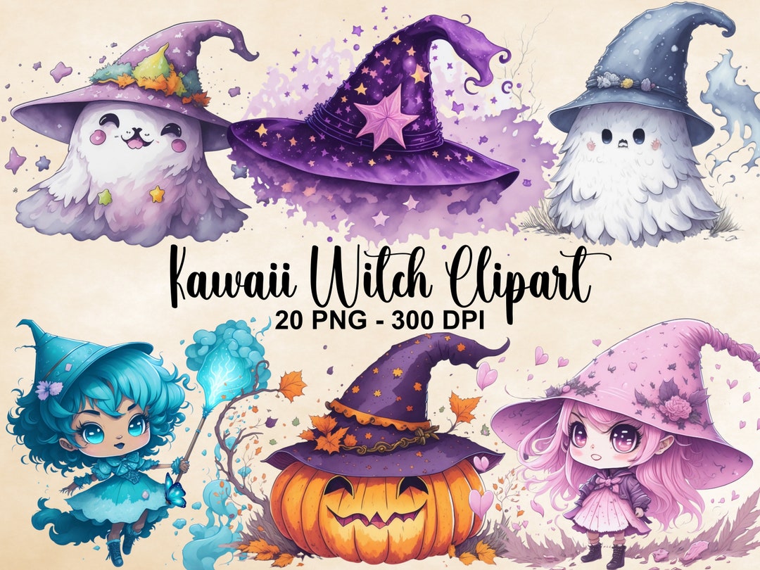Watercolor Kawaii Witch Clipart, 20 PNG Watercolor Witch Clipart ...