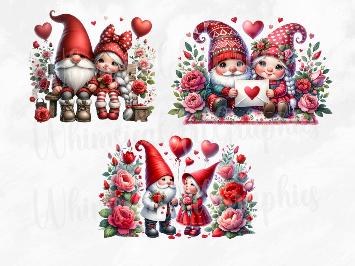Watercolor Valentine Gnomes Couple Clipart, 15 PNG Festive Gnome ...