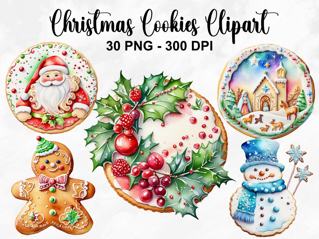Watercolor Christmas Cookies Clipart, 30 PNG Christmas Cookies Clipart ...