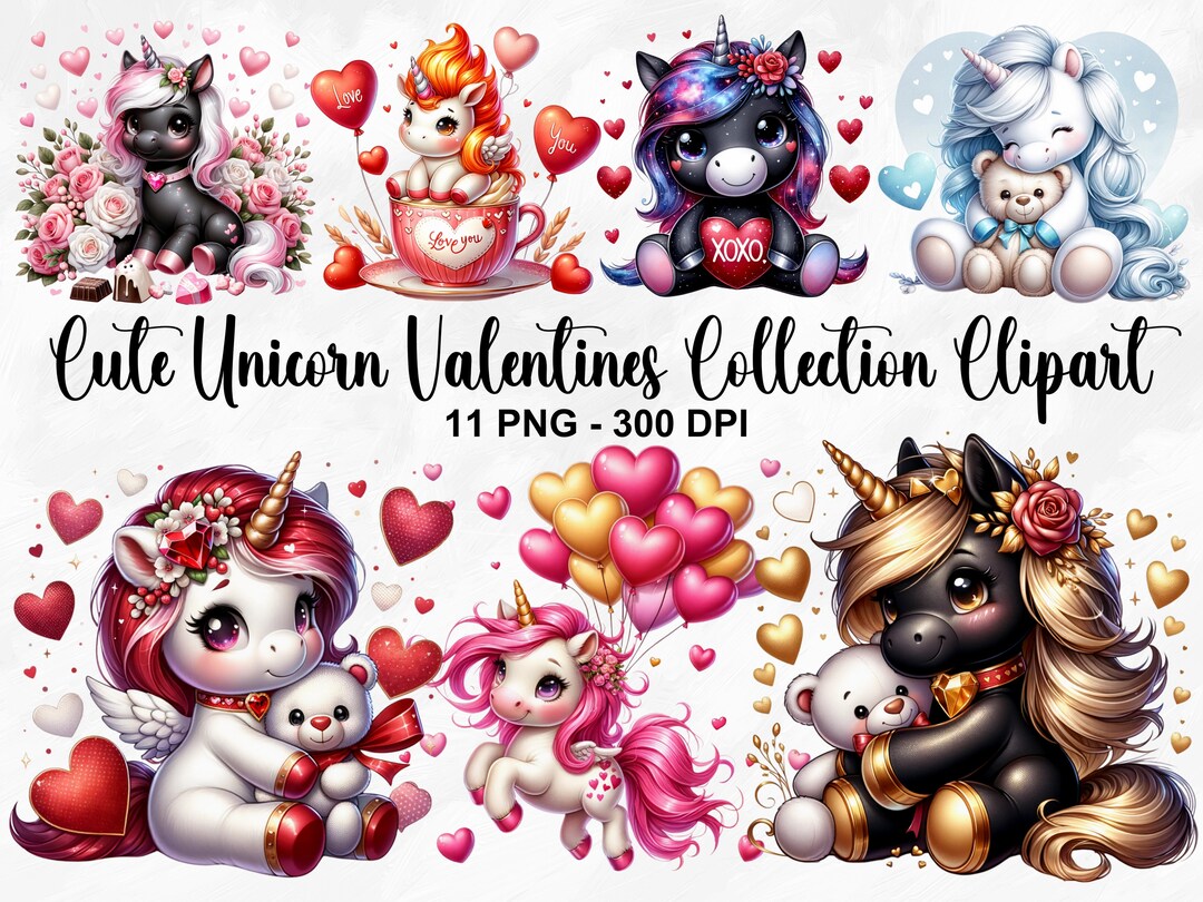 Watercolor Cute Unicorn Valentines Collection Clipart, 11 PNG ...