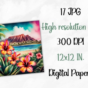 Watercolor Hawaiian Views Digital Paper, Hawaiian Art, Hawaiian Beach ...