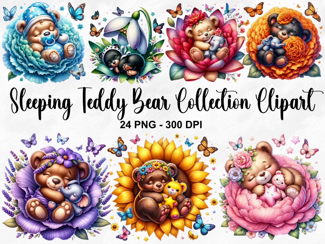 Watercolor Sleeping Teddy Bear Clipart, 24 PNG Spring Teddy Bear ...