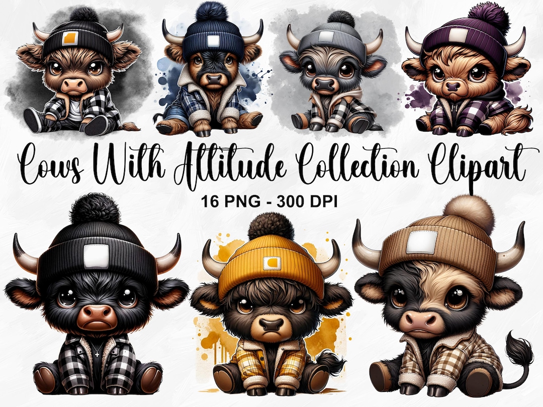 Watercolor Cows With Attitude Collection Clipart, 16 PNG Cute Highland ...