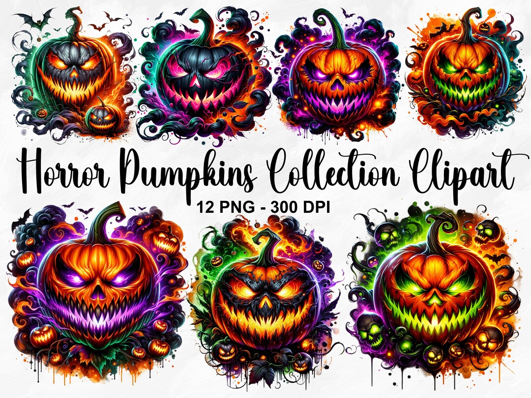 Watercolor Horror Pumpkins Collection Clipart, 12 PNG Pumpkin Clipart ...