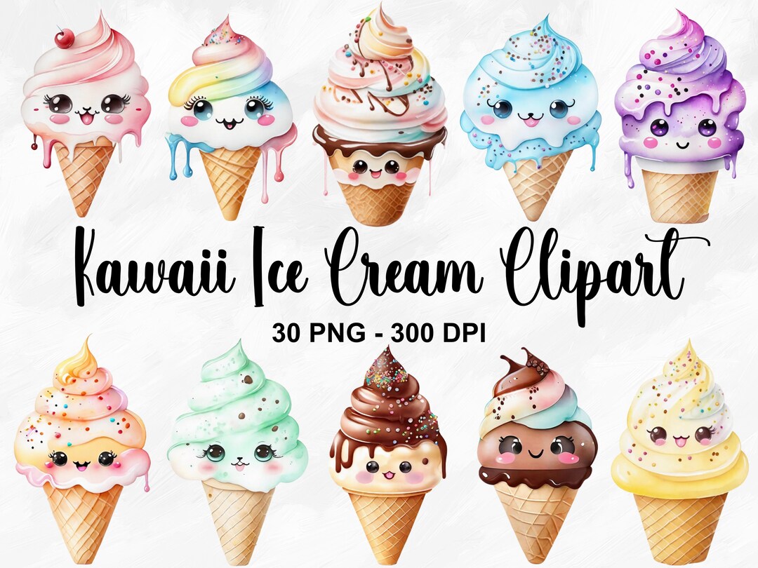 Watercolor Kawaii Ice Cream Clipart, 30 PNG Ice Cream Clipart, Kawaii ...