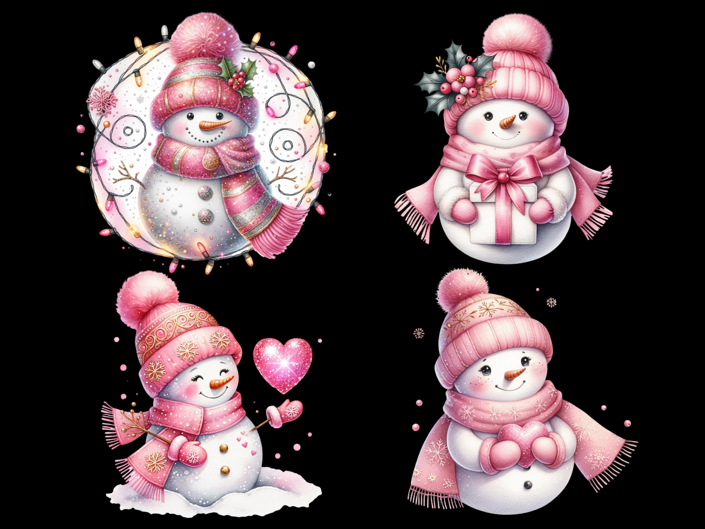 Watercolor Pink Snowman Collection Clipart 26 PNG Festive - Etsy Canada