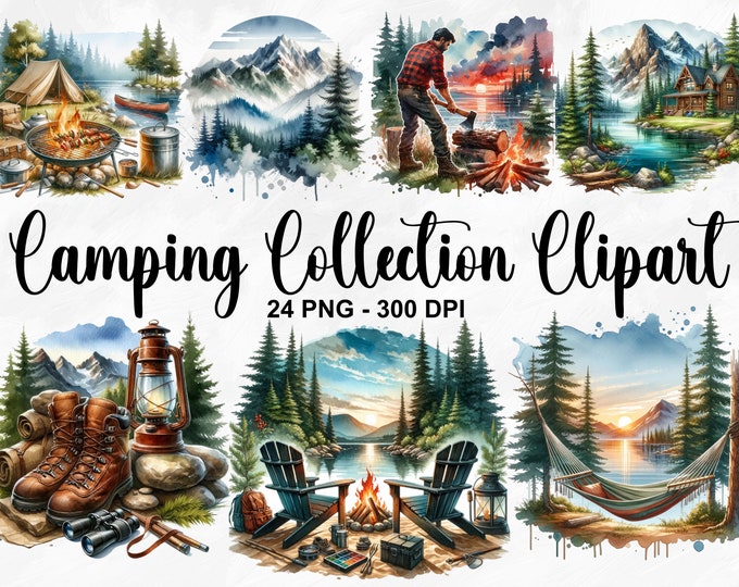 Watercolor Camping PNG Clipart Bundle, Mountain Landscape Campsite Tent ...
