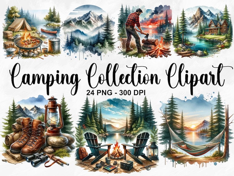 Watercolor Camping Collection Clipart, 24 PNG Mountain Landscape ...