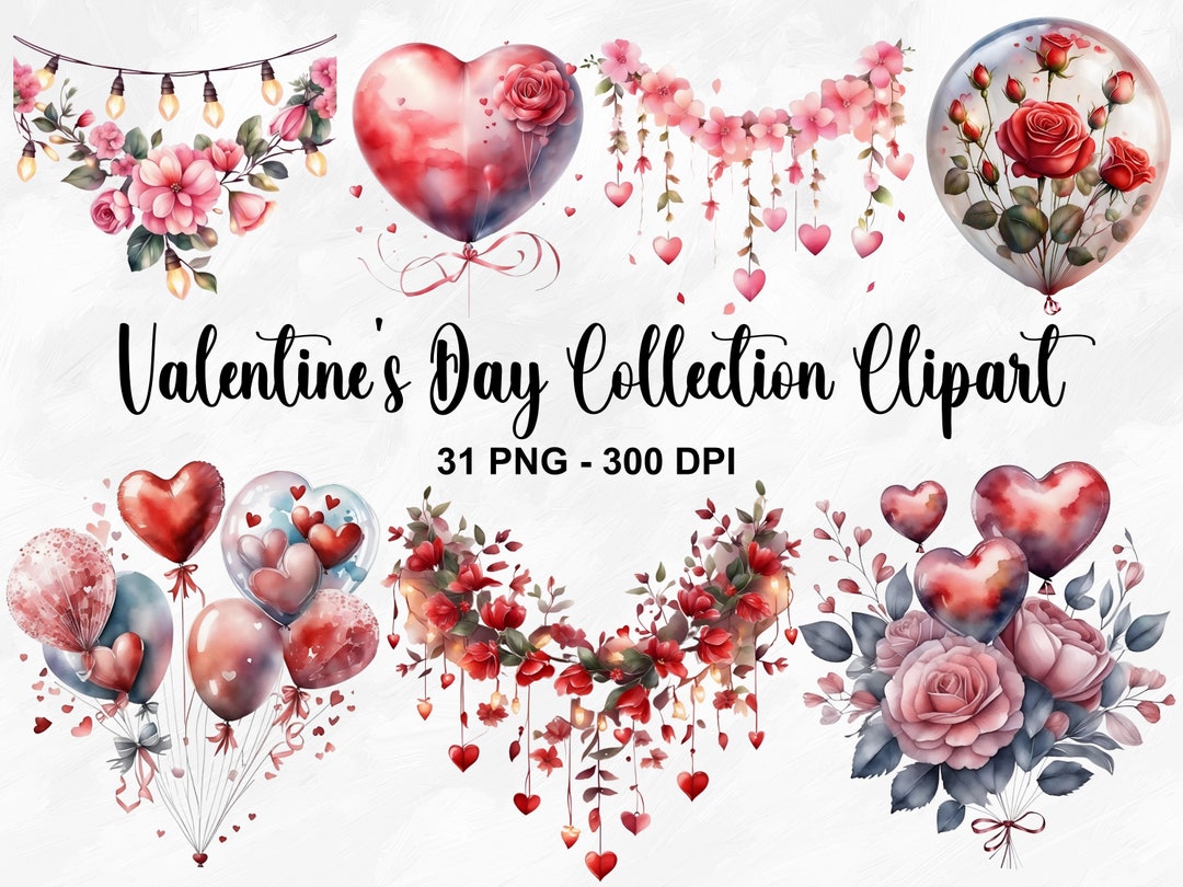 Watercolor Valentine's Day Clipart, 31 PNG Valentine's Day Pink & Red ...