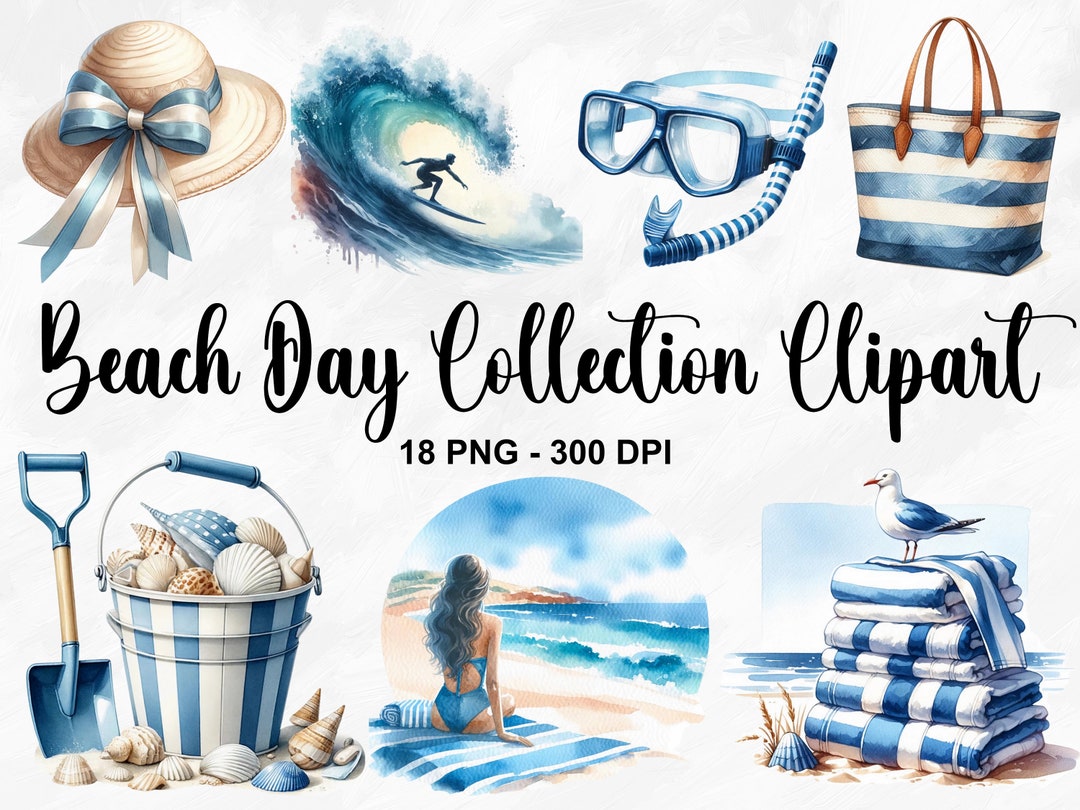 Watercolor Beach Day Collection Clipart, 18 PNG Beach Clipart, Summer ...
