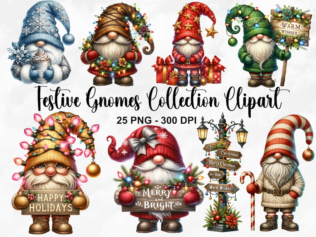 Watercolor Festive Gnomes Collection Clipart, 25 PNG Christmas Gnomes ...