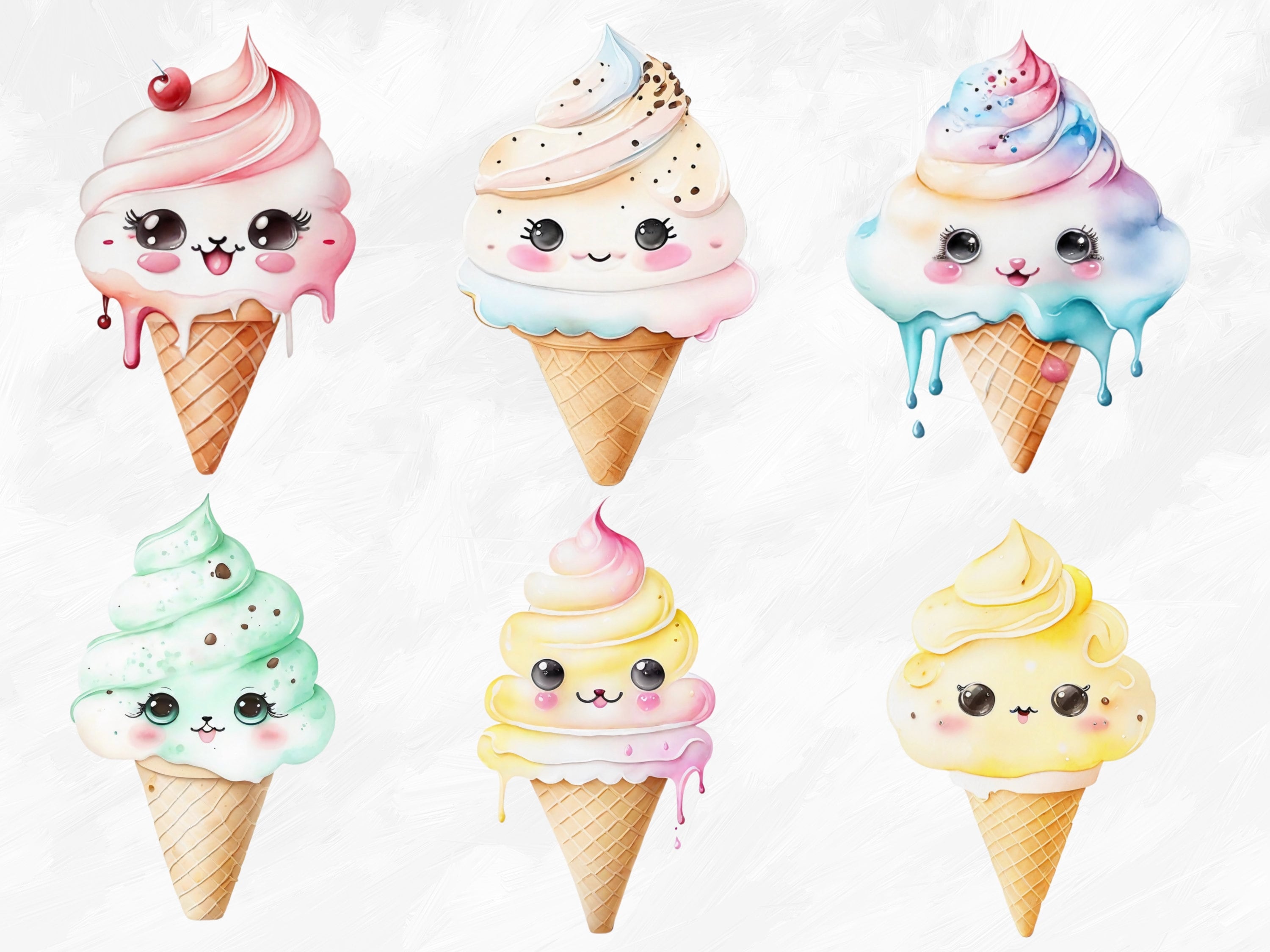 Watercolor Kawaii Ice Cream Clipart, 30 PNG Ice Cream Clipart, Kawaii ...