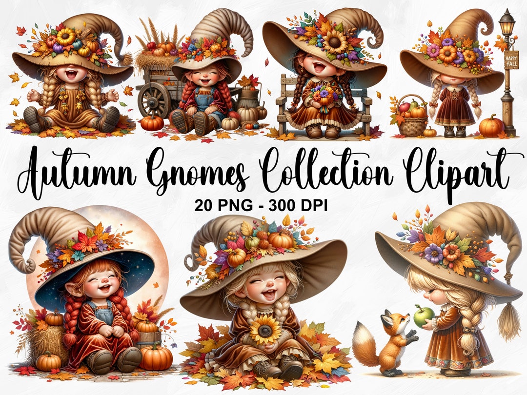 Watercolor Autumn Gnomes Collection Clipart, 20 PNG Pumpkin Gnomes ...