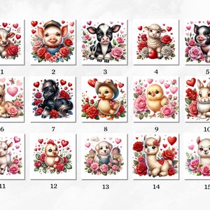 Watercolor Cute Valentines Farm Animals Clipart, 15 PNG Valentines Day ...