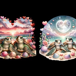Watercolor Cute Sea Turtle Couple Clipart, 12 PNG Valentines Day ...